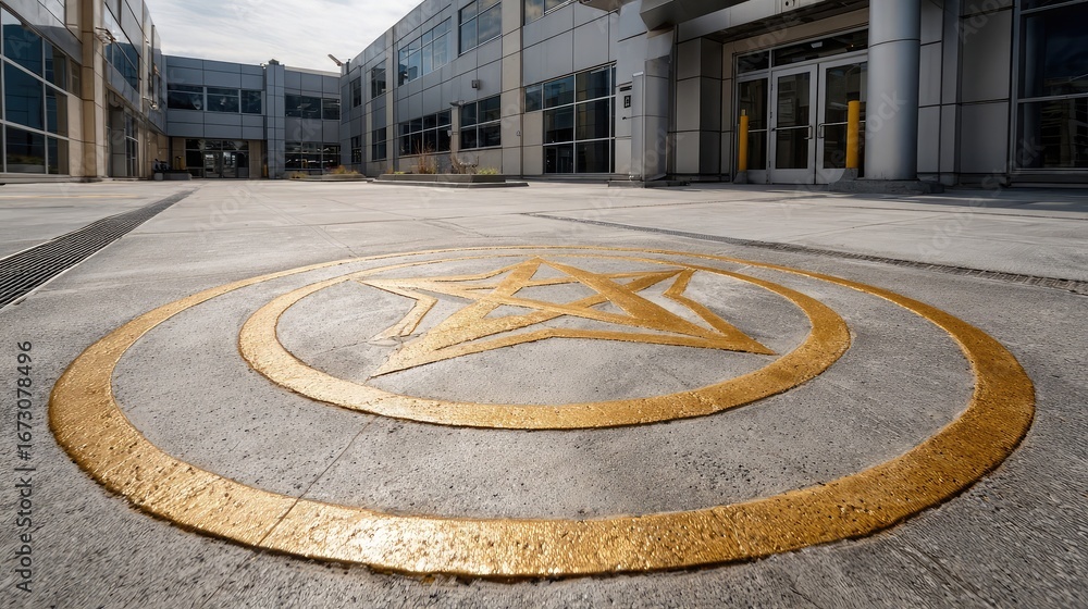 Law enforcement training facility entrance marked with justice symbol ...