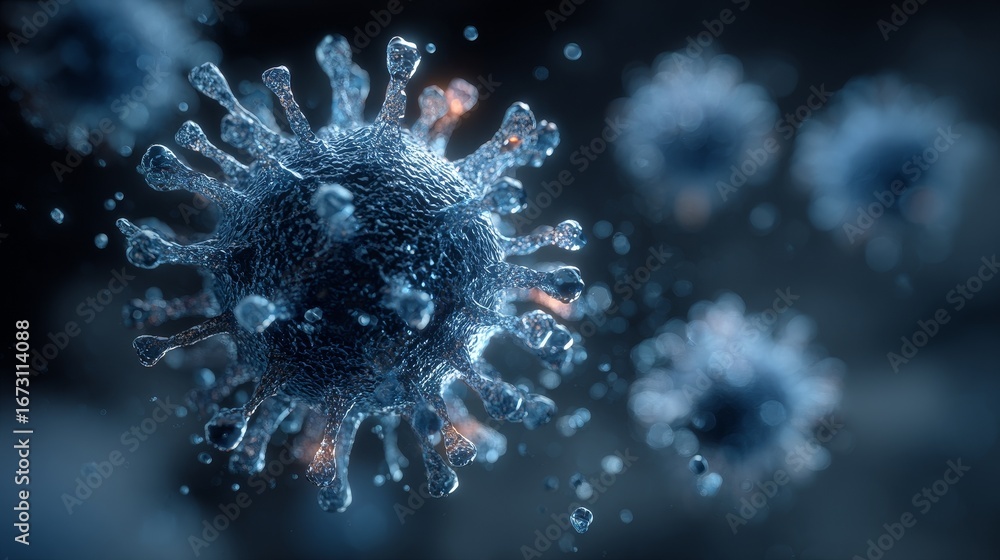3D rendering of dissolving Human Papillomavirus (HPV) with blue tones ...