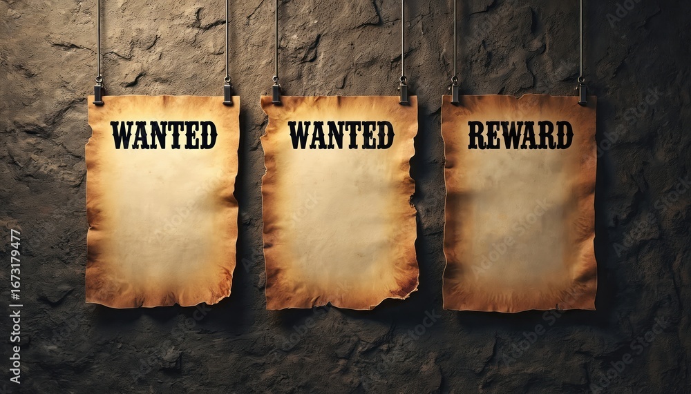 Three vintage wanted posters displayed on rough, stone wall. Featuring ...