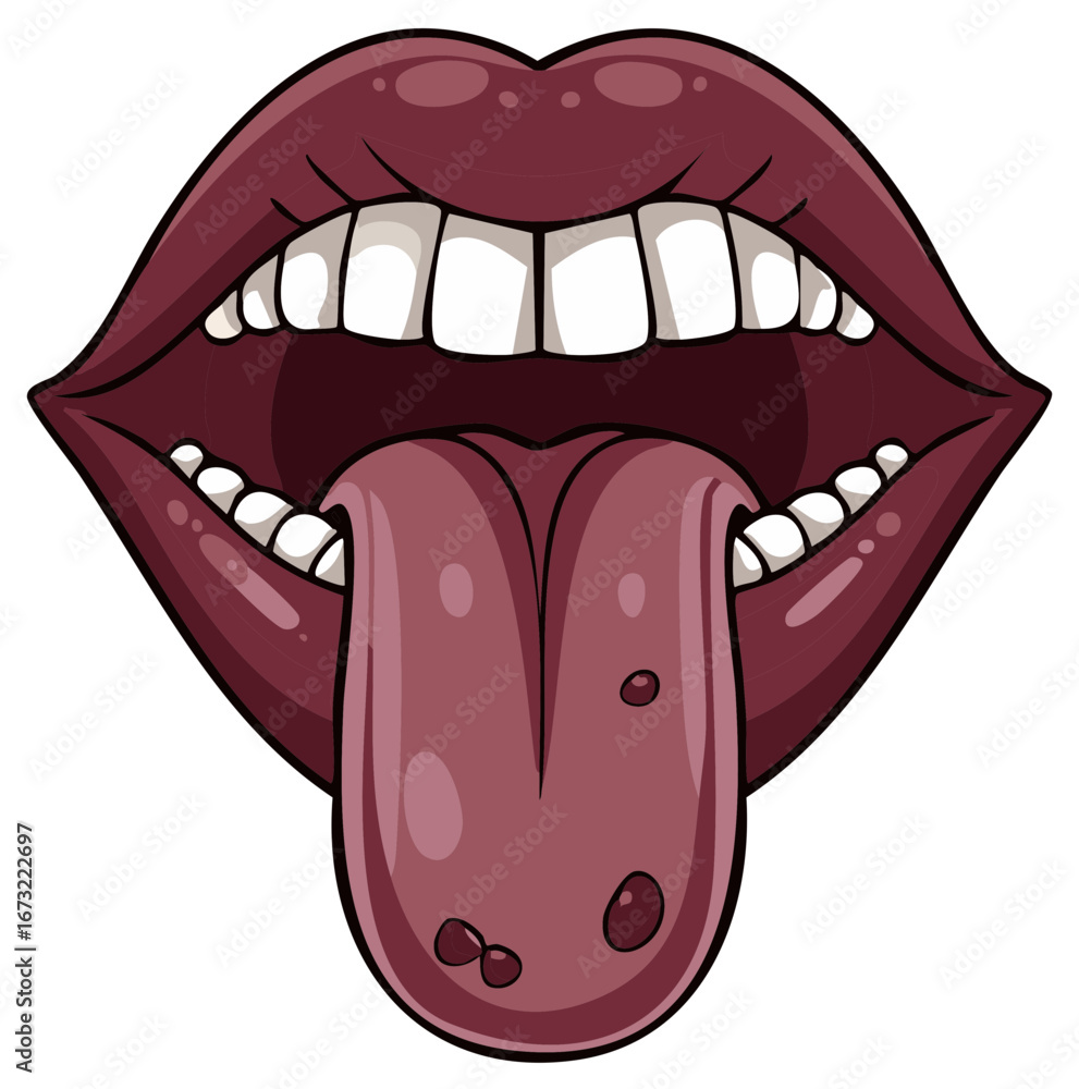 Vibrant cartoon mouth with red lips wide open and long tongue sticking ...