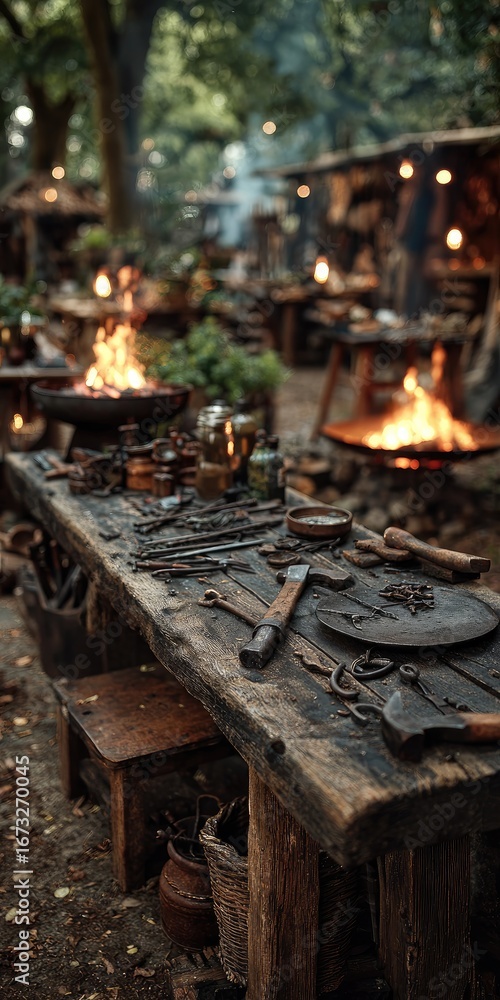 Rustic wooden workbench with tools and fires in an outdoor medieval ...