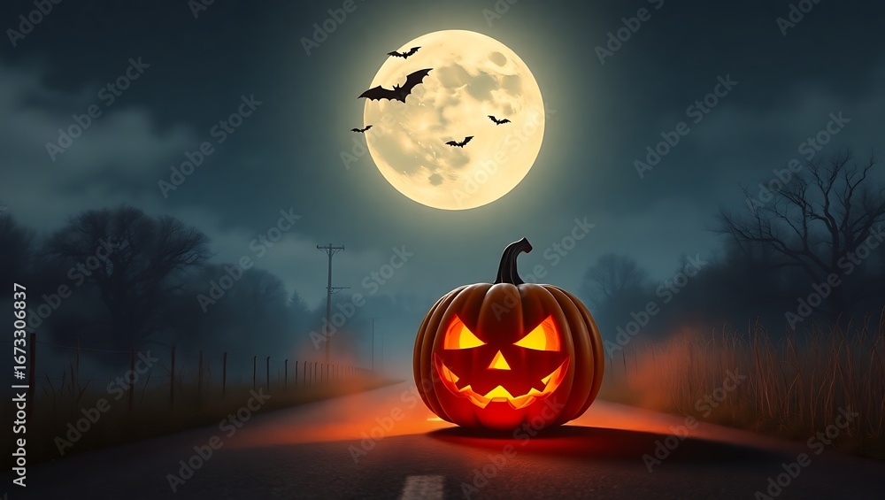 halloween pumpkin with bats, jack-o'-lantern glowing under a full moon ...
