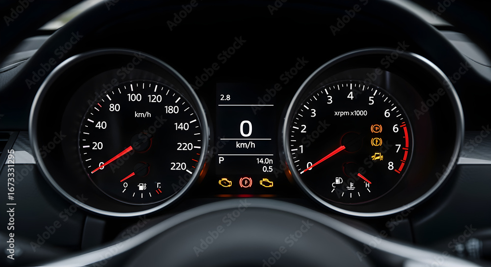 Black Car Dashboard Featuring Illuminated Analog Gauges and Digital ...