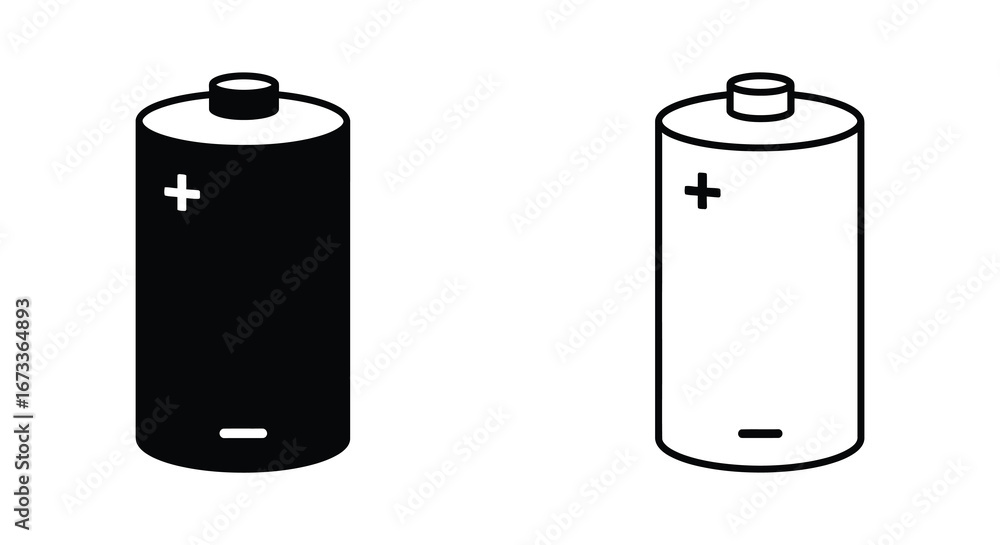 Black and white battery icons with positive and negative terminals ...
