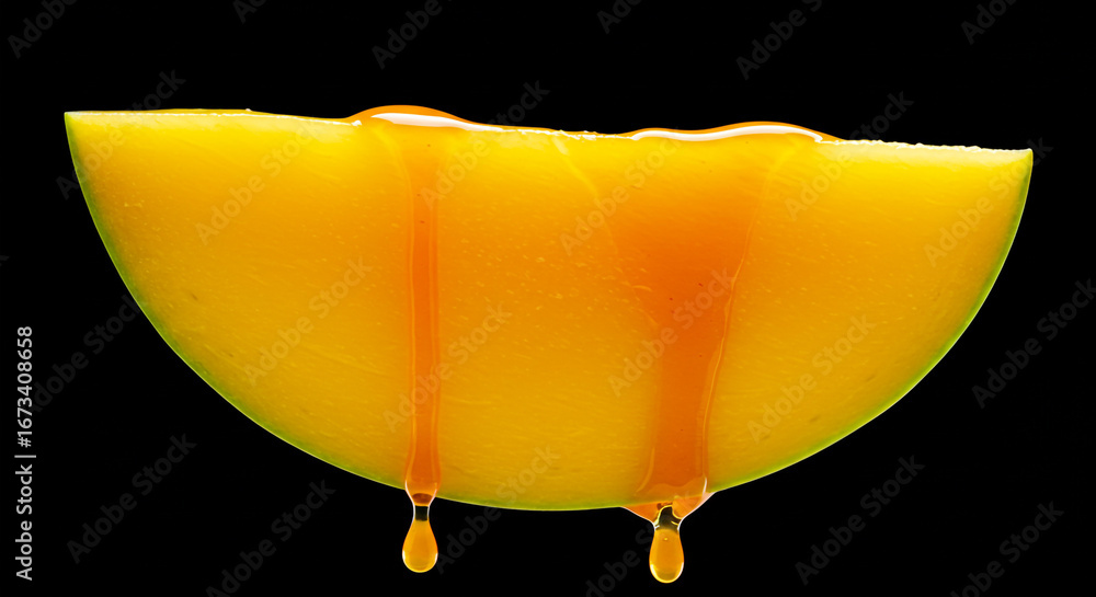 Luscious mango slice dripping with sweet golden honey against a bold ...