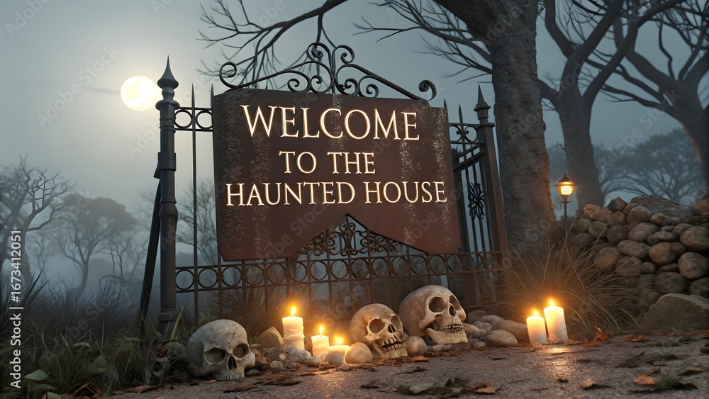 Foto de Stock Creepy halloween entrance gate with skulls and flickering ...
