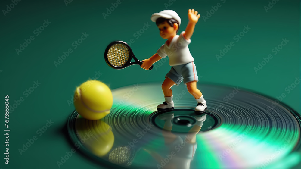 Tiny tennis figure in classic pose returning bead-ball on mirrored disc ...
