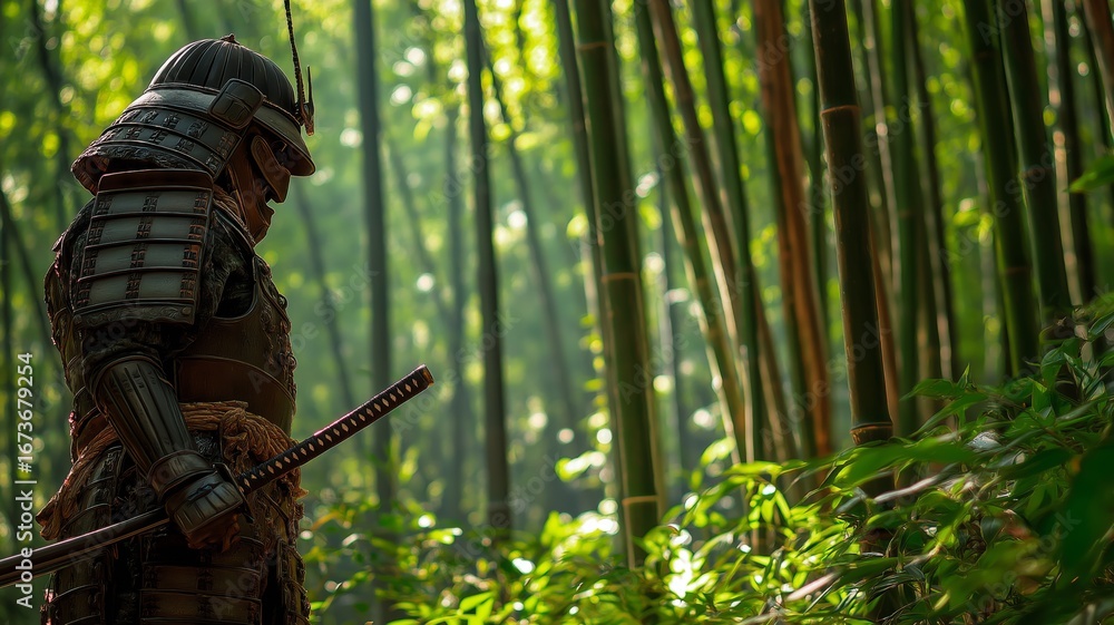 Samurai warrior dressed in elaborate armor stands still among tall ...