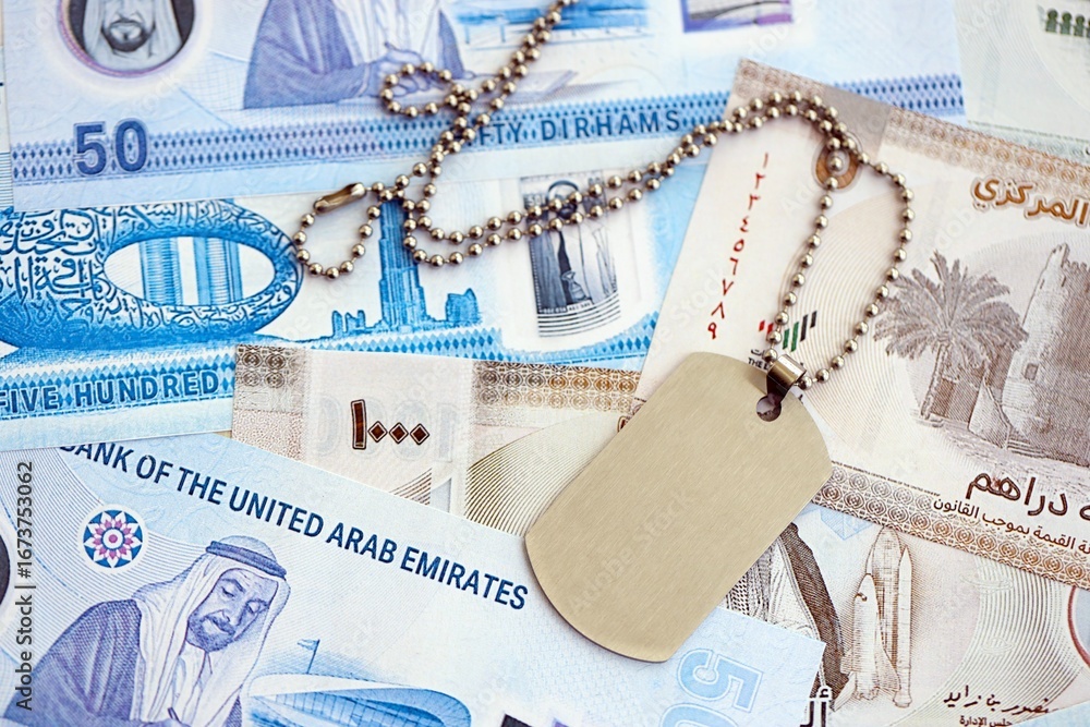 United Arab Emirates dirham currency money bills and military token ...