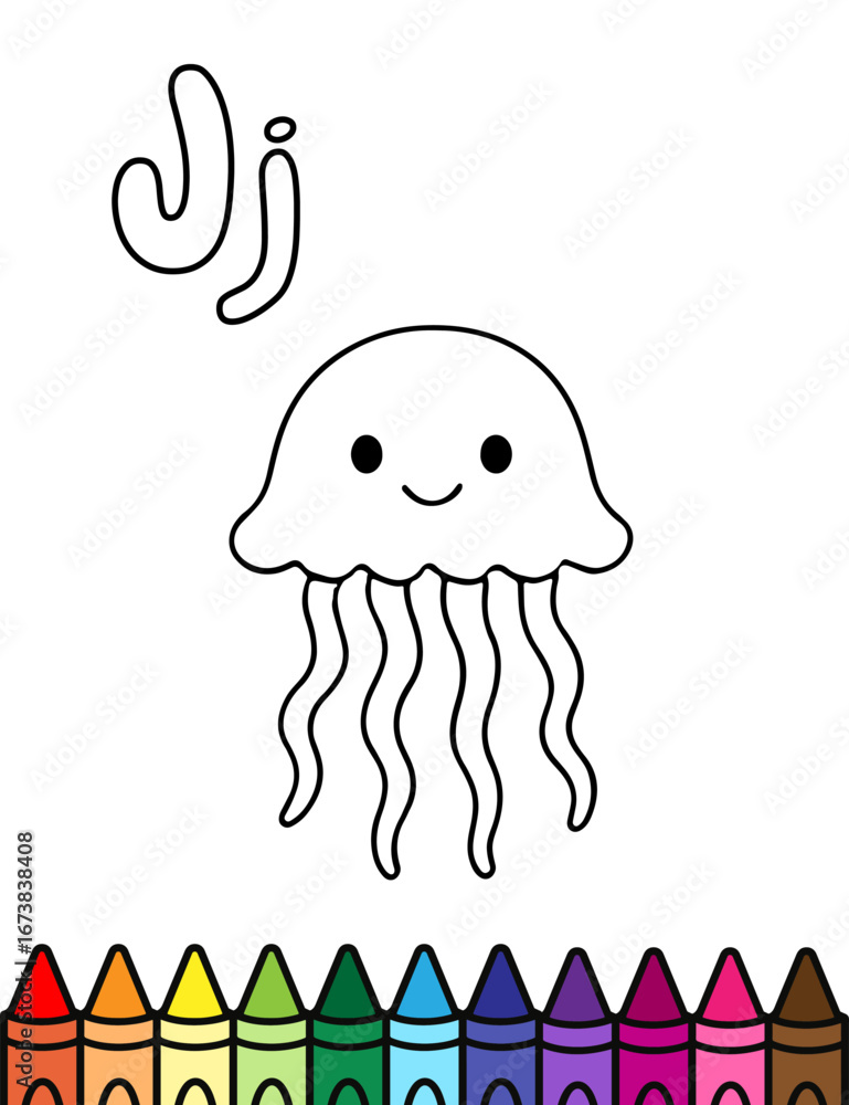 Cute jellyfish alphabet coloring page with the letter J. Simple and fun ...