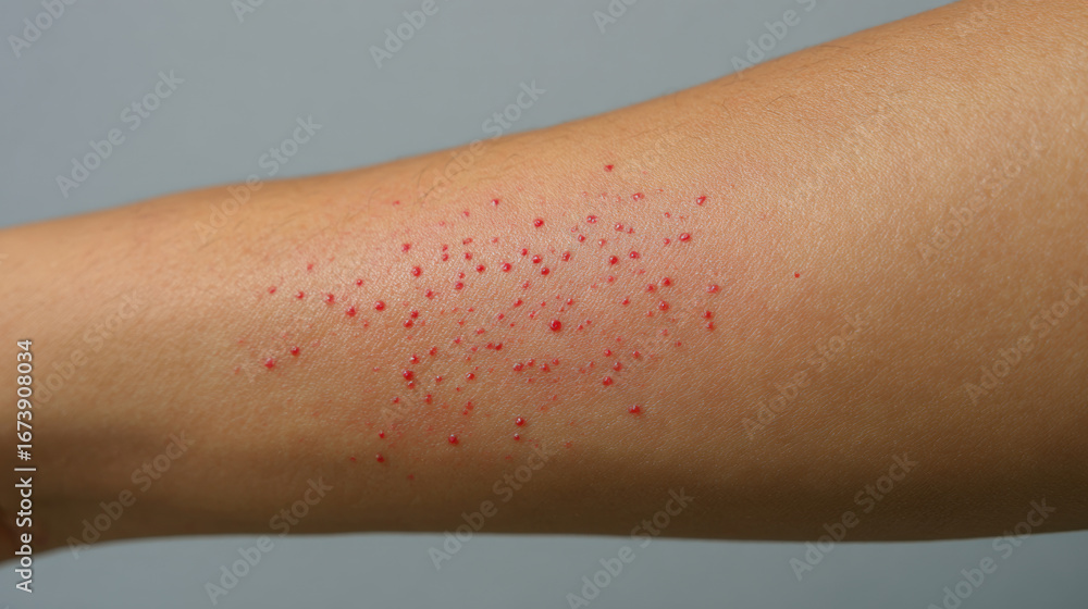Petechiae a close-up of small, flat red spots on the skin of an arm or ...