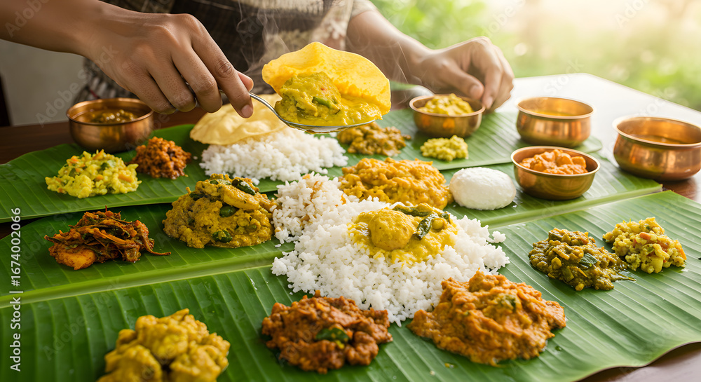 Foto Overhead View of a Hand Holding Pappadam over a Traditional Onam ...