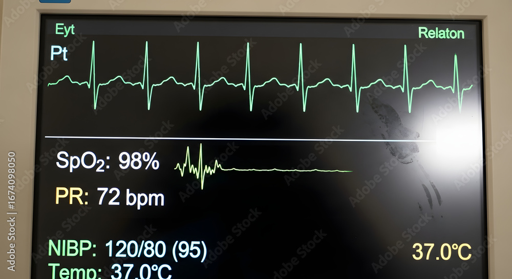 Foto de Stock Medical monitor display showing vital signs, including ...