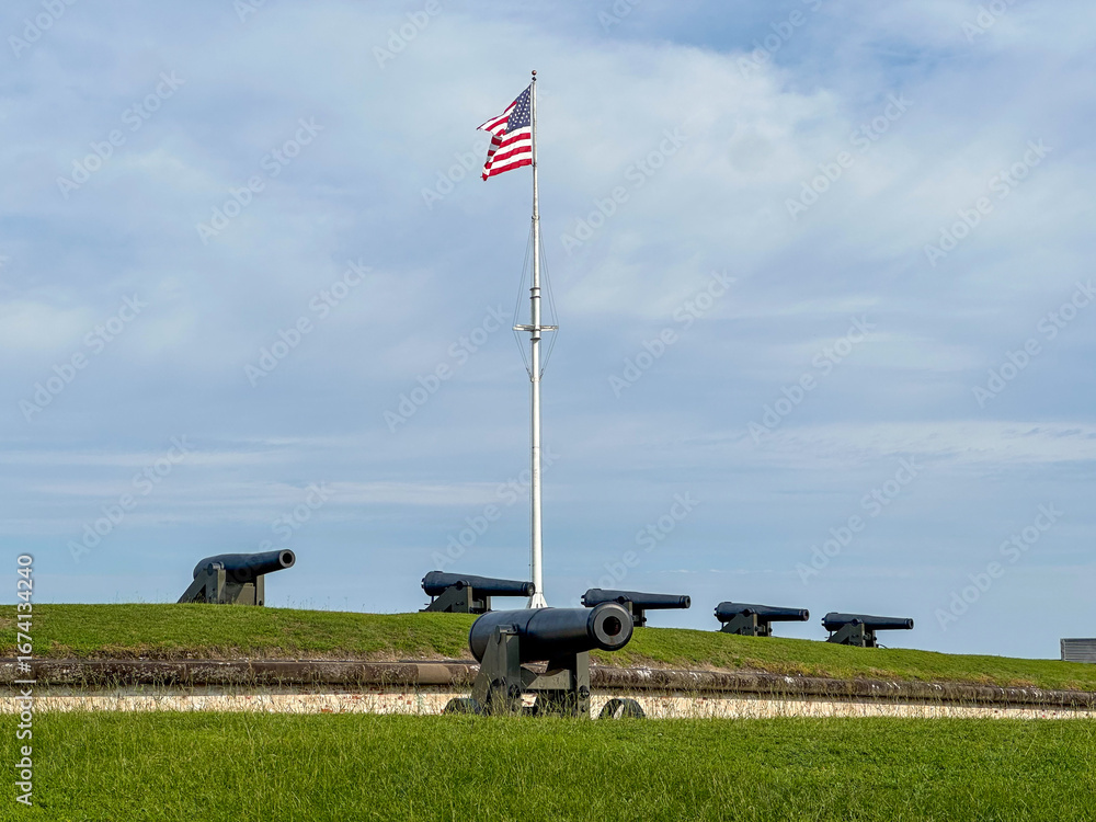 Row of historic cannons positioned along the grassy ramparts of Fort ...