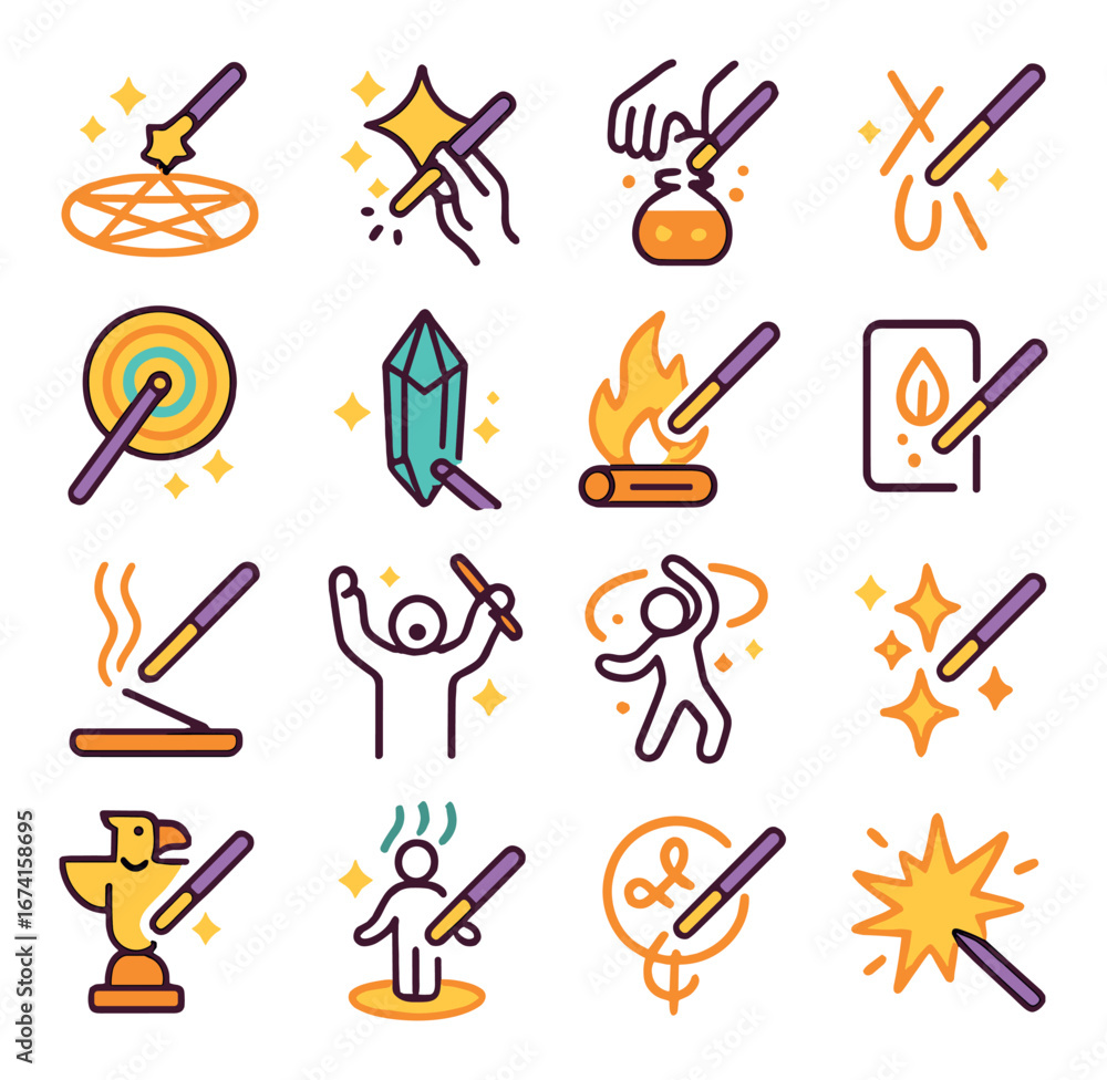 Linear magic icon set featuring wand, potion, fire, crystal, spellbook ...