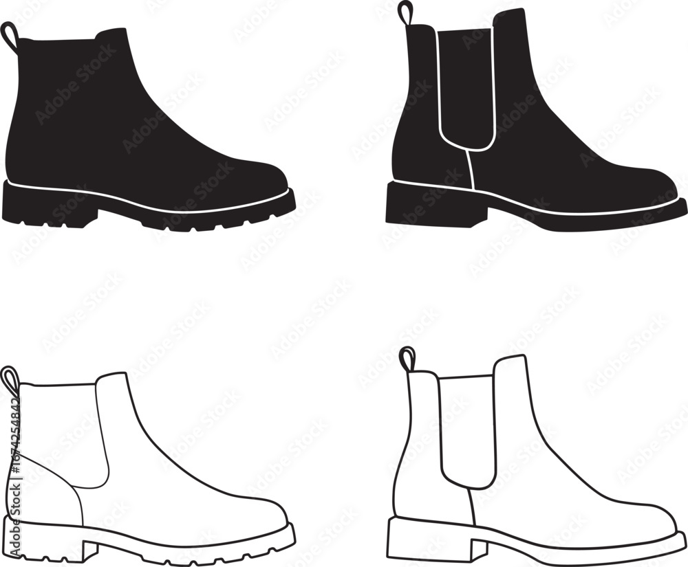 Chelsea boots vector illustration set in black silhouette and outline ...