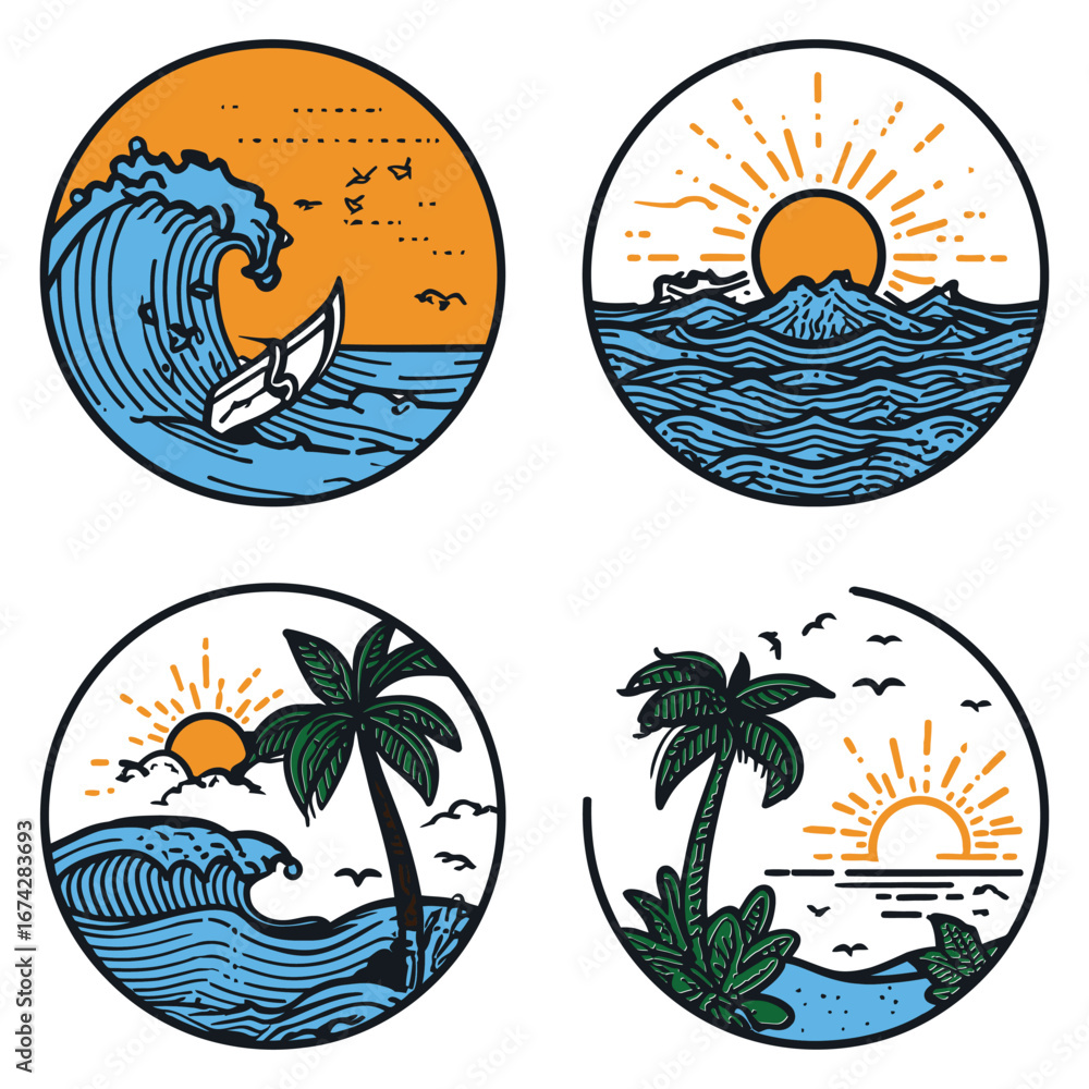 Four circular beach scenes with waves, sun, palm trees, and surfboard ...