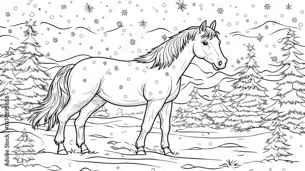 Christmas coloring page depicting horse standing amid snowy landscape ...