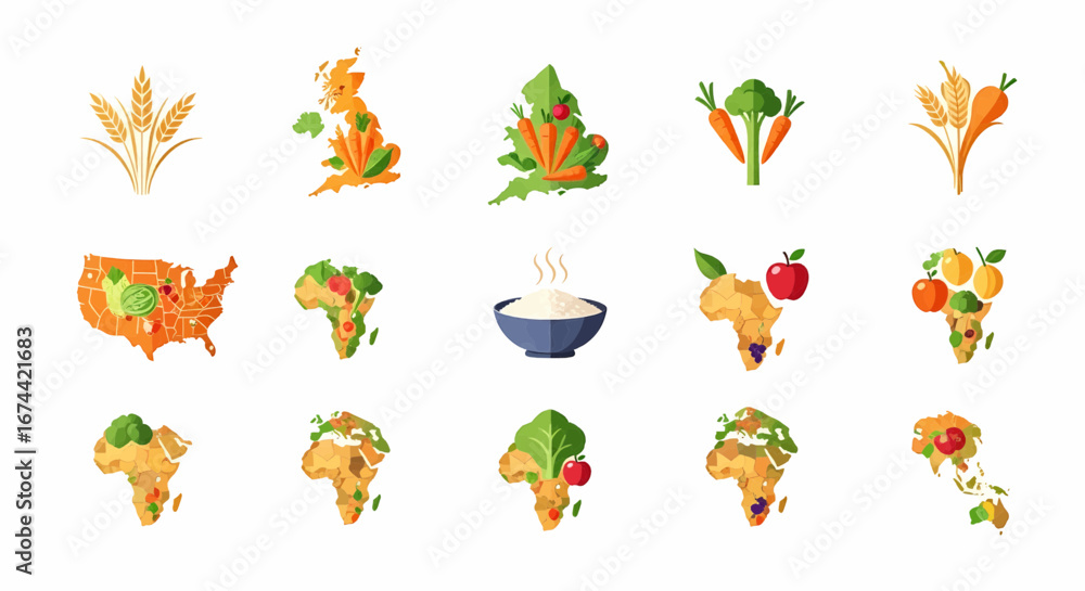 Global food map and healthy nutrition icons promoting sustainability ...