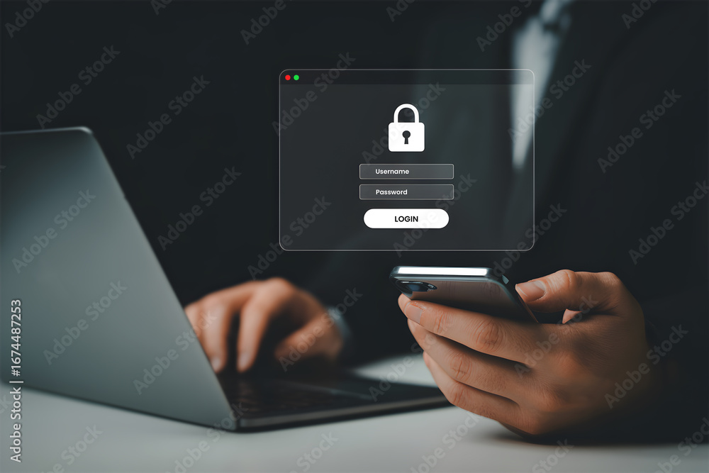 User Logging into Secure Account with Laptop and Smartphone Showing ...