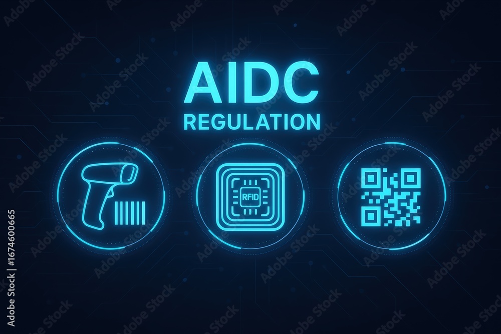 AIDC Regulation with Barcode Scanner, Microchip, and QR Code Icons ...