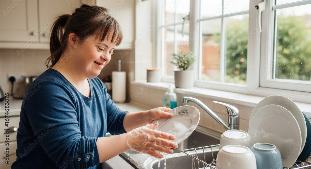 Stock-Foto „Happy woman with down syndrome washing dish in kitchen sink ...