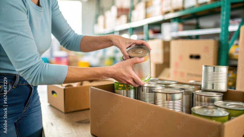 Woman Placing Canned Goods into Cardboard Box Stock Photo | Adobe Stock