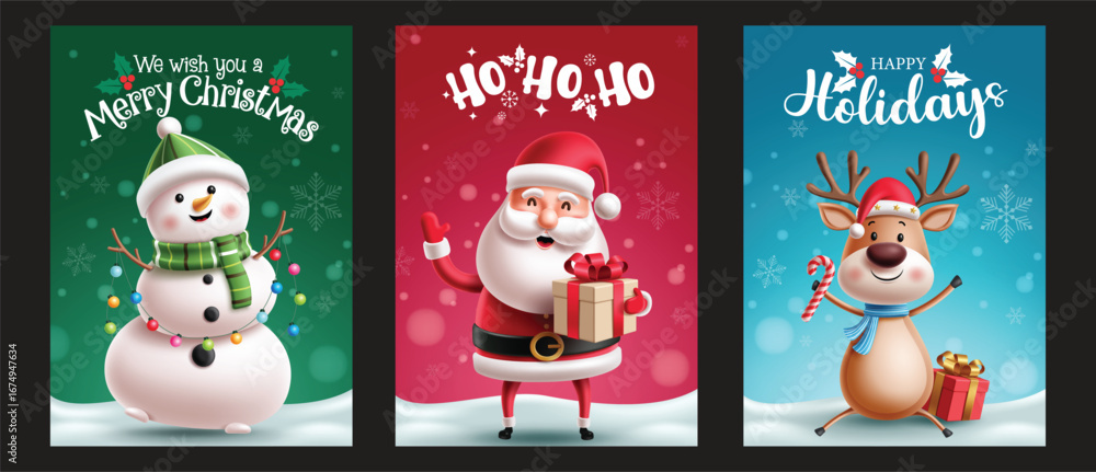 Christmas character greeting card clipart poster set. Merry Christmas ...