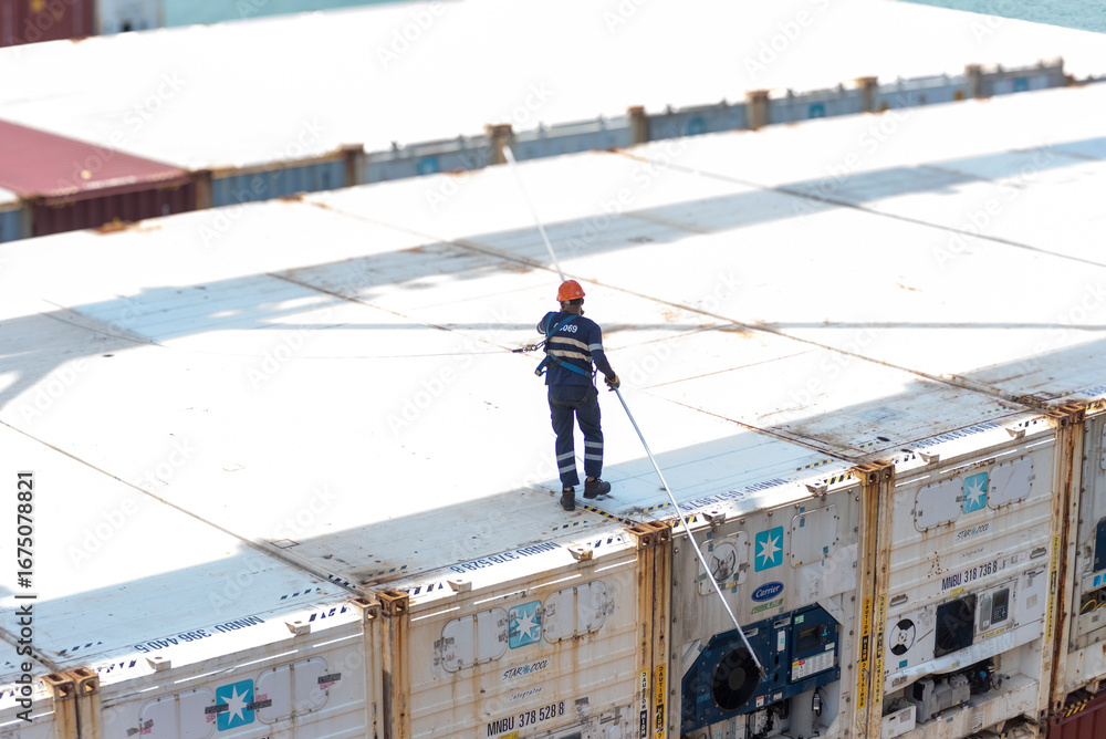 Photo Stock A port employee, stevedore, standing on deck of a container ...