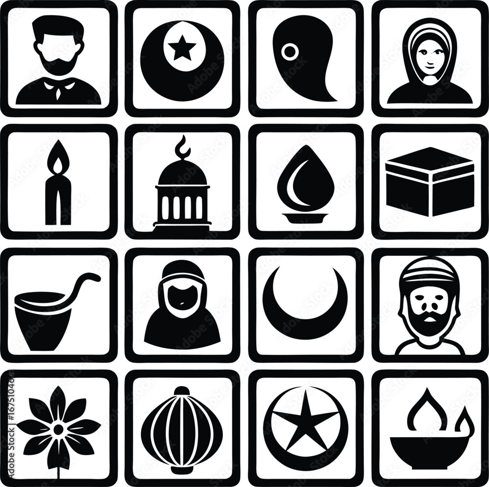 Islamic cultural symbols and religious icons collection representing ...