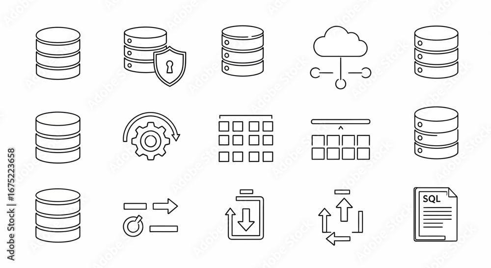 Collection of database and data management icons in outline style ...