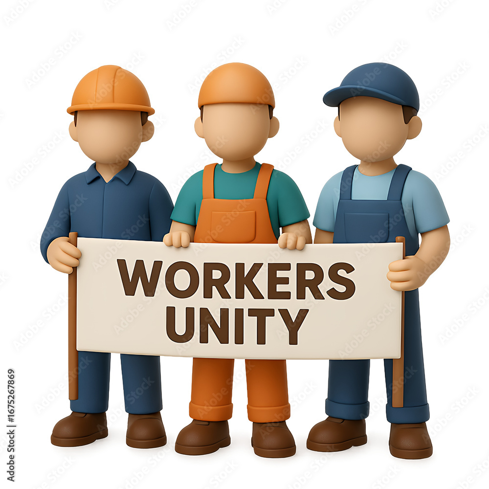 Construction workers holding sign 3d render faceless unity and ...