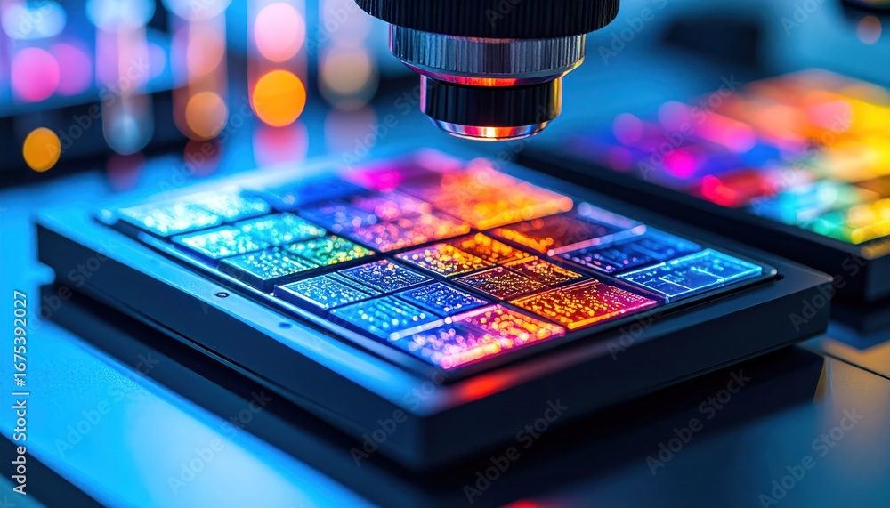 Semiconductor wafer under microscope with science, tech, lab, and data. Stock Illustration ...