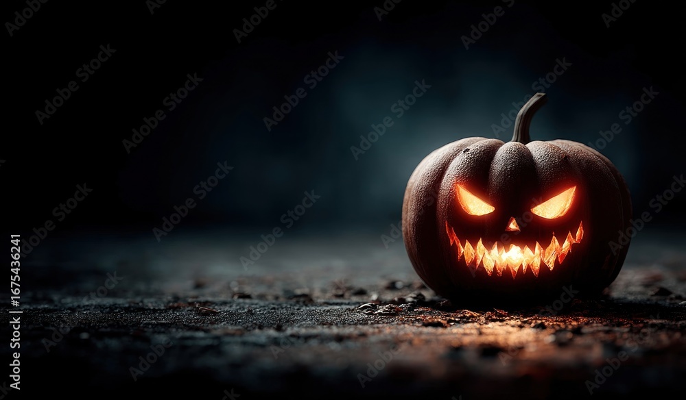 Glowing evil jack o lantern with sharp teeth and intense eyes on dark ...