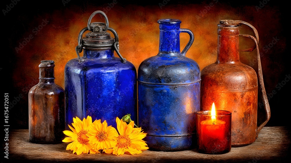 Layered surreal still life with 2D and 3D elements fused together in ...