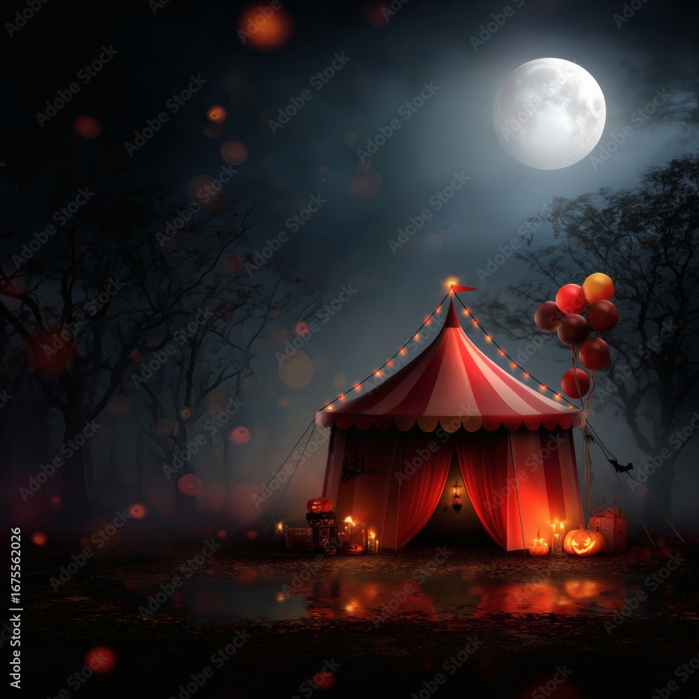 Ilustração Creepy carnival Halloween night, haunted circus tent, scary ...
