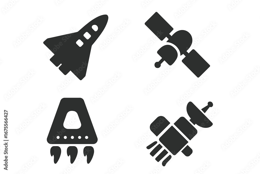 Spacecraft solid icon set. Space shuttle, satellite, space probe, and ...