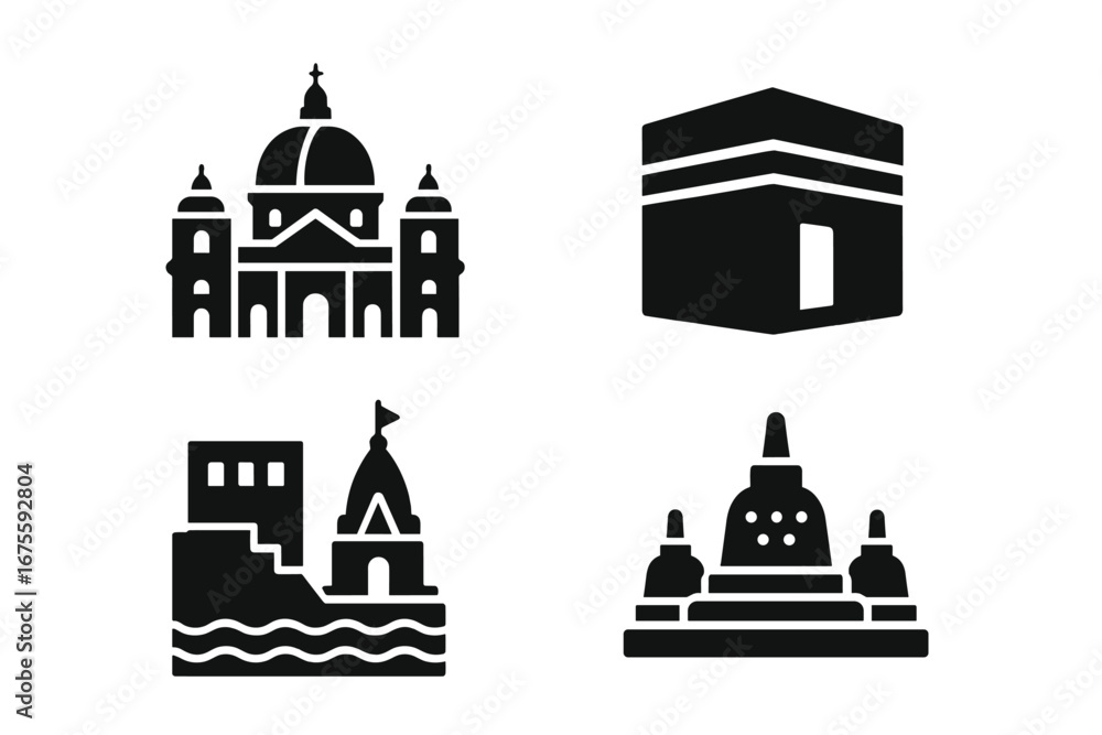 World religions pilgrimage landmarks icon set. St. Peter's Basilica ...