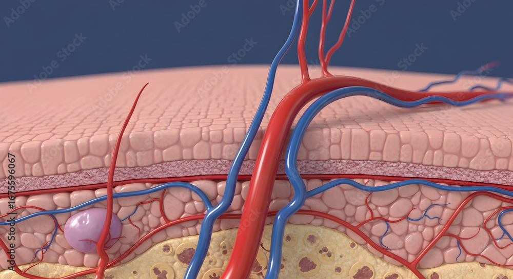 Skin Layer Anatomy Cross Section with Blood Vessels and Hair Follicle の ...