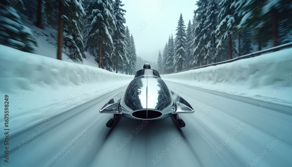 Sleek bobsled races on icy winter track through snowy forest. Metallic ...