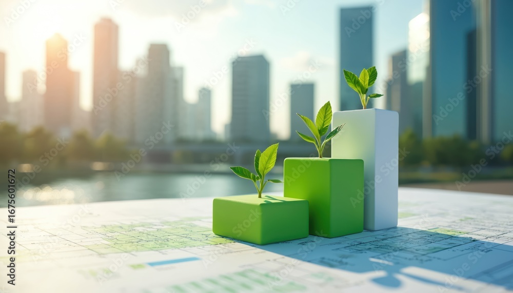 Green plant sprouts on bar graph steps in front of city skyline ...