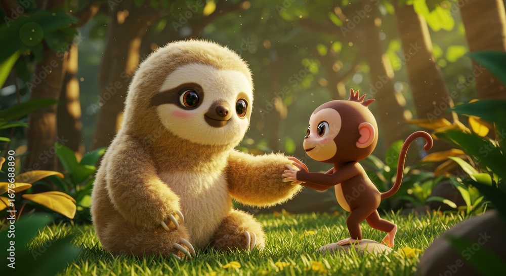 Animated sloth and monkey holding hands in a sun-dappled forest ...
