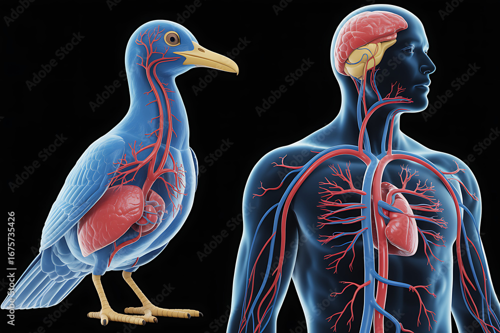 3D anatomical comparison of bird and human circulatory systems with ...