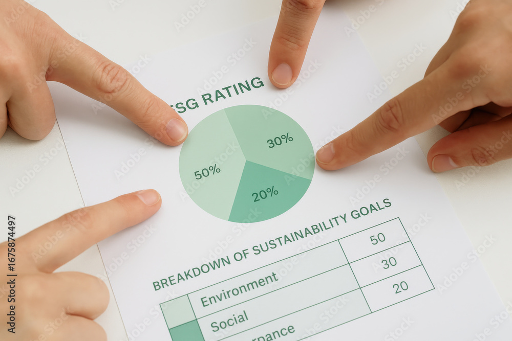ESG rating pie chart with sustainability goals breakdown and fingers ...