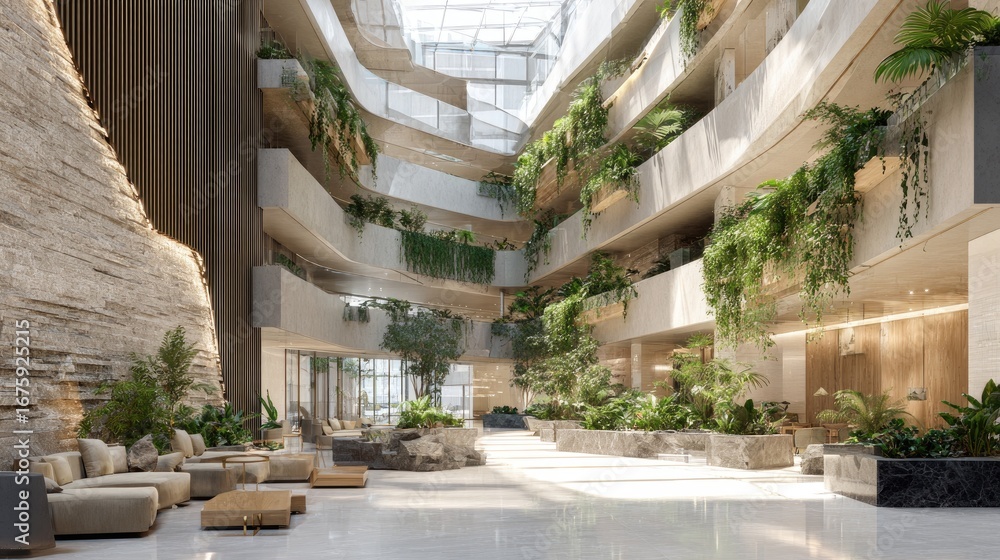 Serene Modern Atrium with Lush Vertical Gardens, Natural Light, and ...