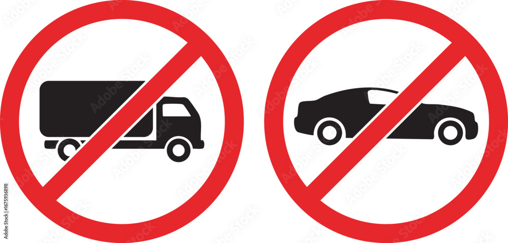Clear warning signs prohibit trucks and cars, enforcing no vehicle ...