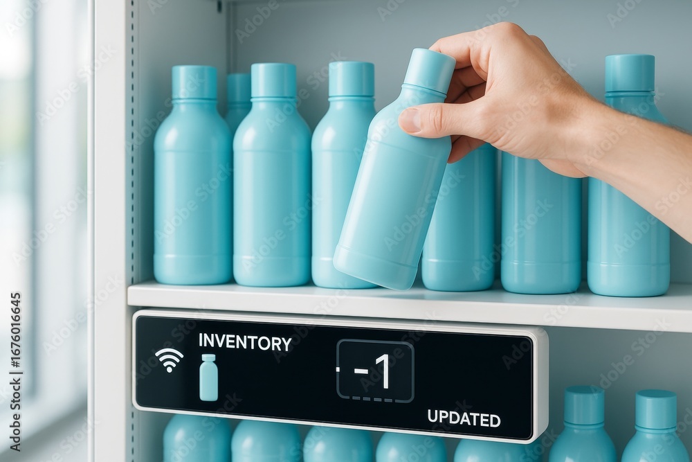 Foto de Stock Smart inventory system tracks blue bottles on shelf in ...