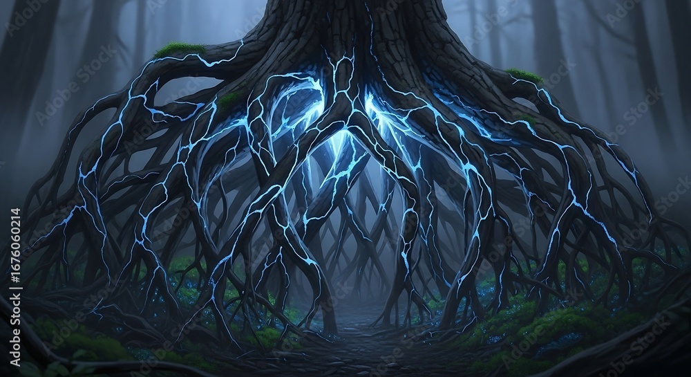 Mystical blue energy pulses through the ancient, sprawling root system ...