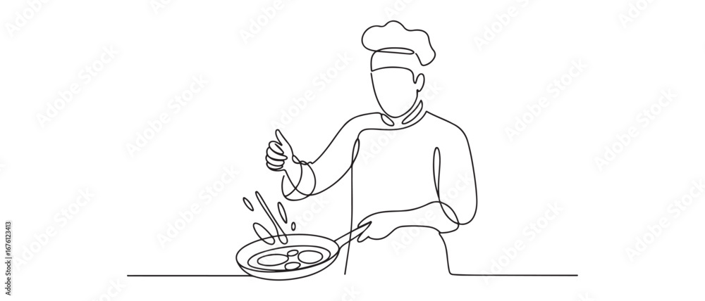 Single continuous line drawing of young confident handsome male chef ...