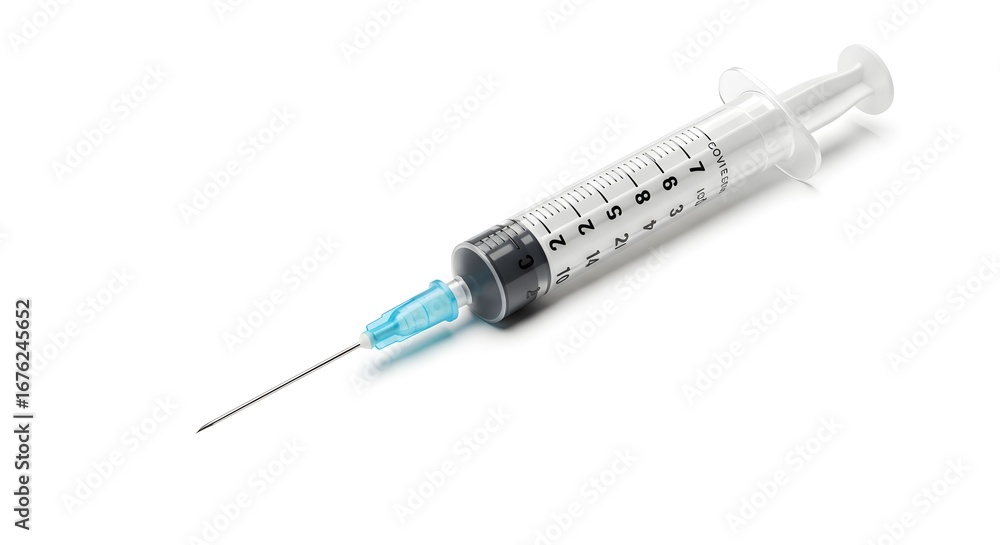Sterile medical syringe with clear barrel and blue needle cap, precise ...